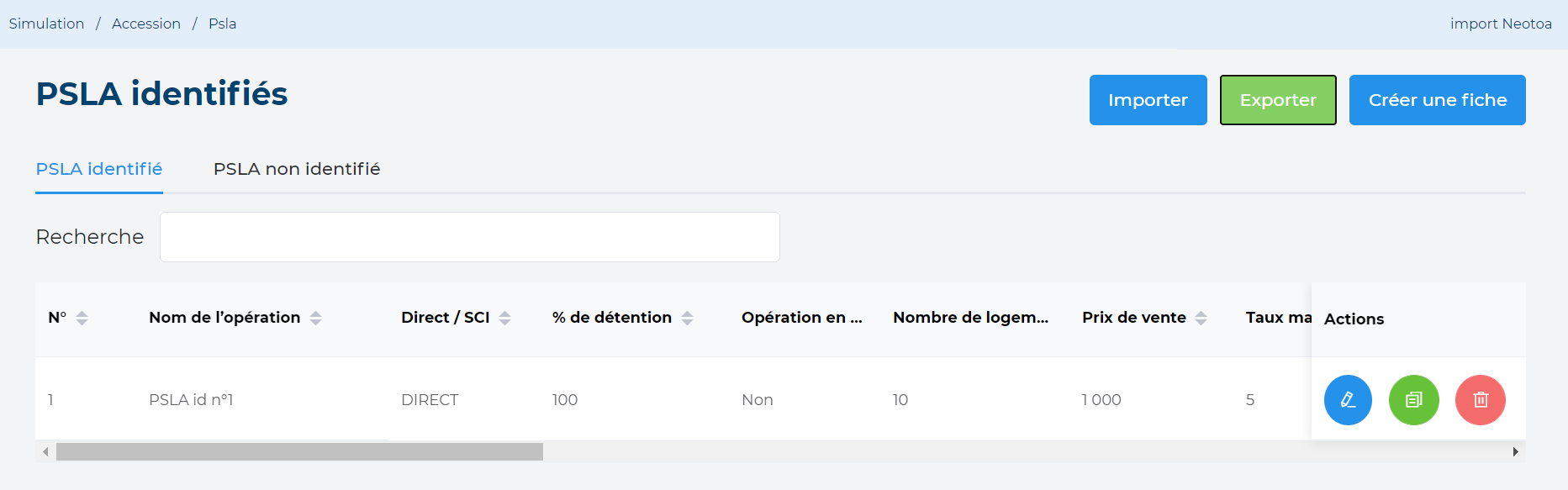 Import des PSLA identifiés (PSLA I) – Visial Web